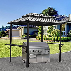 Domi Grill Gazebo 8' × 6', Outdoor Aluminum Frame BBQ Gazebo with Shelves Serving Tables and Hooks, Permanent Double Roof Gazebos for Patio Lawn Deck Garden (Dark Grey)