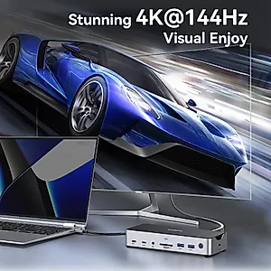 USB C Docking Station 3 Monitors Laptop USB C Dock Dual Monitor with 2 HDMI DisplayPort 4K144Hz,USB A 2.0/3.0,USB C 3.1 10Gbps&30W Output,Ethernet,MicroSD&SD,Audio&Mic,150W DC Power for Dell/Lenovo/HP