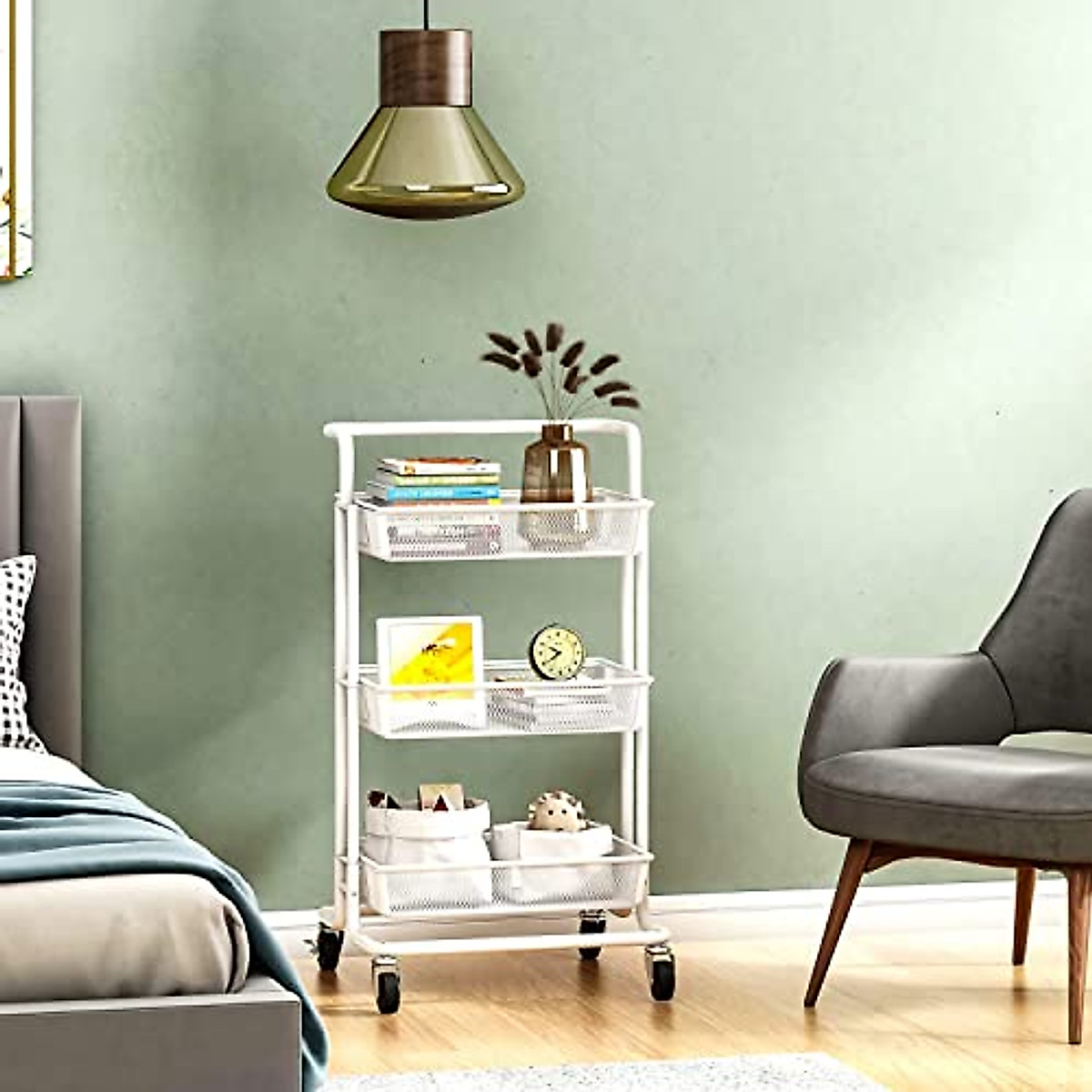 PUSDON 3-Tier Rolling Utility Cart, Metal Mesh Trolley Service Cart with Locking Wheels and Removable Handles, Heavy Duty Organizer Storage Cart for Office Bar Kitchen Bathroom Living Room Use, White