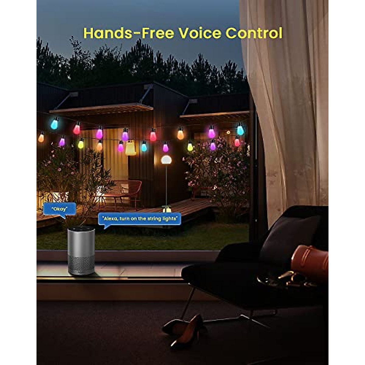 ASAHOM Smart Outdoor String Lights, 45FT Waterproof Dimmable RGB Patio Lights, 15 Shatterproof Multi-Color LED Bulbs, Voice & WiFi APP Control Lights, 30 Scene Modes, Connectable for Party Backyard