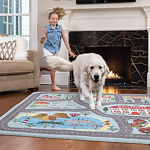 Playroom Rug Play Carpet 4’ x 6’, Blue Large Educational Children’s Play Mat, Learning & Have Fun Safely Non-Slip Washable Road Traffic Floor Area Carpet, Great for Kids Room Bedroom