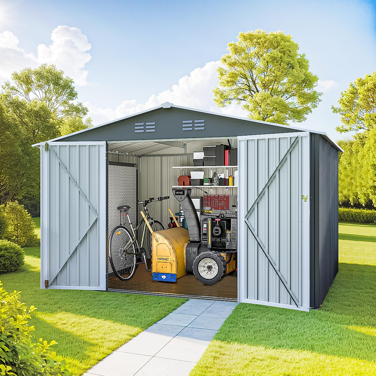 DHPM Outdoor Sheds 10FT x 8FT & Outdoor Storage Clearance, Metal Anti-Corrosion Utility Tool House with Lockable Door & Shutter Vents, Waterproof Storage Garden Shed for Backyard Lawn Patio