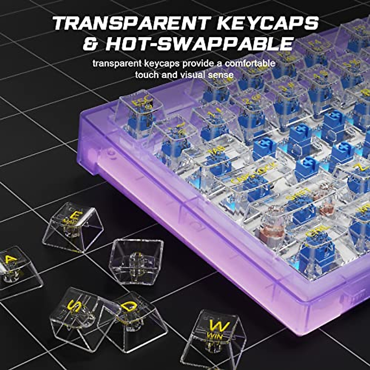AULA Mechanical Gaming Keyboard, Wireless RGB Gaming Keyboard with Transparent keycaps, Support Hot Swappable and Programmable Macro Functionality, 2.4G & BT5.0 & USB-C, Blue Switch