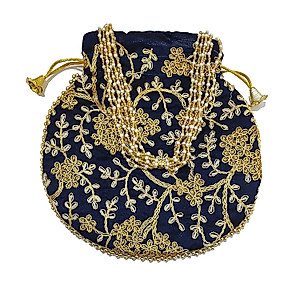 Truesellershop Indian Ethnic Designer Embroidered Silk Potli Bag Batwa Pearls Handle Purse Clutch Purse for Women (Navy Blue)