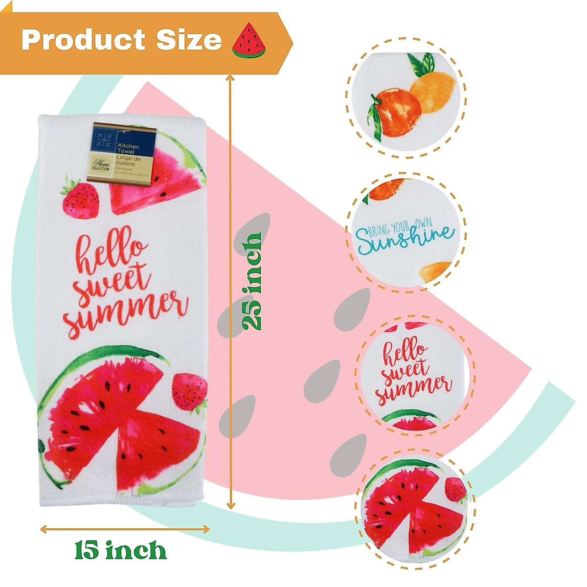 Kitchen Towels Lemon & Watermelon Home Collection 2Pcs Printed Summer Spring Absorbent Tropical Bar Dish Hand Decoration Bathroom Towel 15x25in Drying Soft Feel 100% Polyester Cooking Baking Gifts Set