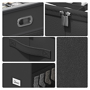 Shoe Organizer for Closet,Fits 16 Pairs,Leather Fabric Shoe Storage Bins with Clear Cover,Shoe Box Storage Containers,Adjustable Dividers for Storage with 4 Handles (Black, (19.7 * 15.7 * 13) x1)