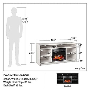 Ameriwood Home Hendrix 55" TV Stand with Electric Fireplace Insert and 6 Shelves, Black Oak, 5.87"D x 47.6"W x 23.27"H