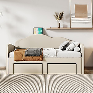 Twin Size Daybed with Storage Drawers, Extending Upholstered Sofa Bed with Trundle, Twin to King Design Sleeper Sofa with Cloud-Shaped Backrest for Living Room Apartment, Beige