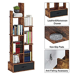 Rolanstar Bookshelf with Drawer, Rustic Wood Bookshelves, Free Standing Book Shelf Industrial Shelf Free Standing Storage Shelf for Bedroom, Living Room, Home Office, Rustic Brown