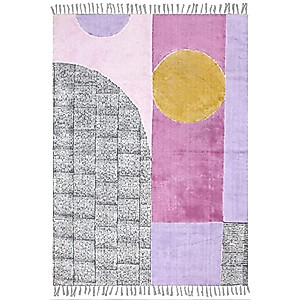 Casavani Hand Block Printed Rug Geometric Blue & Pink Tassel Rug Boho Area Rug Easy Care Washable Rugs for Doormat Entryway Living Room Bedroom Hallway Balcony 10x10 Feet Square