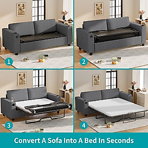 BALUS Pull Out Sofa Bed, 2-in-1 Convertible Sleeper Sofa with Memory Foam Mattress, Queen Size Sleeper Couch with Cup Holders and USB Ports for Home Office Living Room-Dark Grey