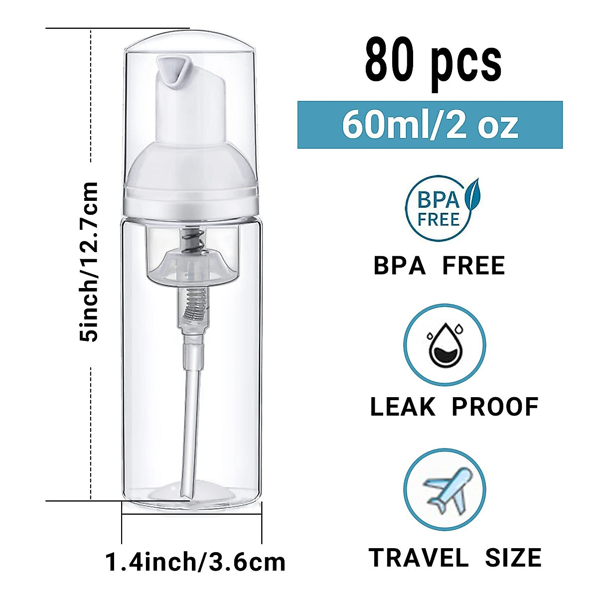 80 Pcs 2 oz Foam Soap Dispensers Mini Cleaning Refillable Soap Bottles with Pump Plastic Foam Pump Bottle Empty Clear Foam Dispenser for Hand Soap Shampoo Sanitizer Liquid