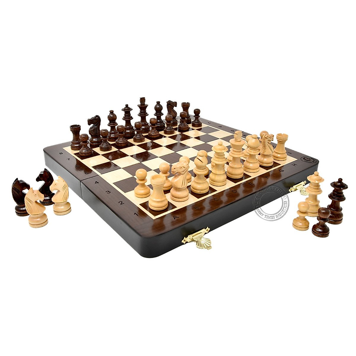 House of Chess - 10 Inch Wooden Magnetic Folding Travel Chess Set/Board with 2 Extra Knights, 2 Extra Pawns, 2 Extra Queens and Algebraic Notation - Handmade - Premium Quality