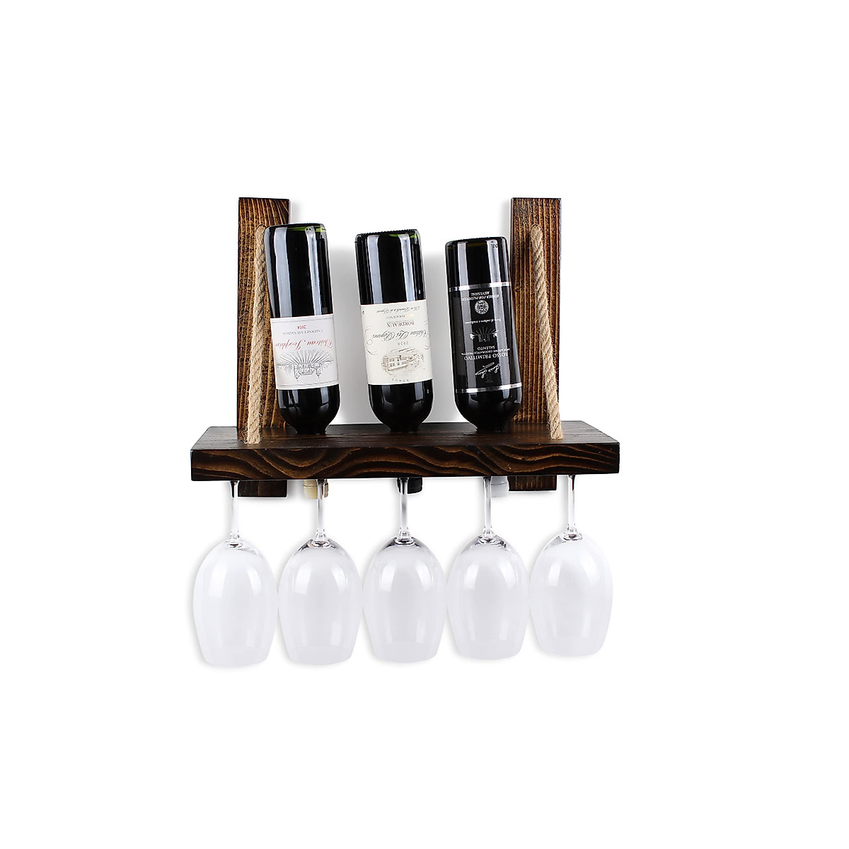 Charmont Wooden Rustic Wine Rack - Floating Wall Mounted Rope Hanging Wine & Glass Shelf, Perfect Home Bar Kitchen Storage Or Nautical Décor Wedding Gift (Burnt Dark Walnut Finish 3 Bottles & 5 Cups)