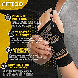 FITTOO Copper Wrist Compression Sleeve, Copper Infused Wrist & Hand Compression Sleeve Brace for Improve Circulation, Relieve Wrist Discomfort,Tendonitis, Sprains, Sports, Gym Workout