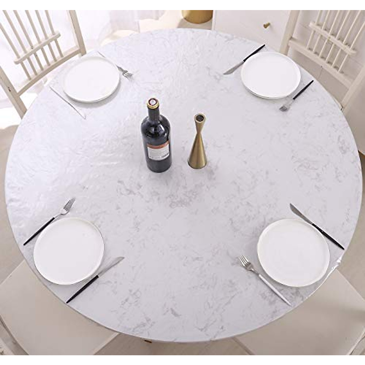 Clear Round Vinyl Fitted Tablecloth Waterproof Oilcloth Heavy Duty Elasticized Table Cover Elastic Edge Design Plastic Tablecloth Protector For Round Table (Large Round Fits Table up 45"-56" Diameter)