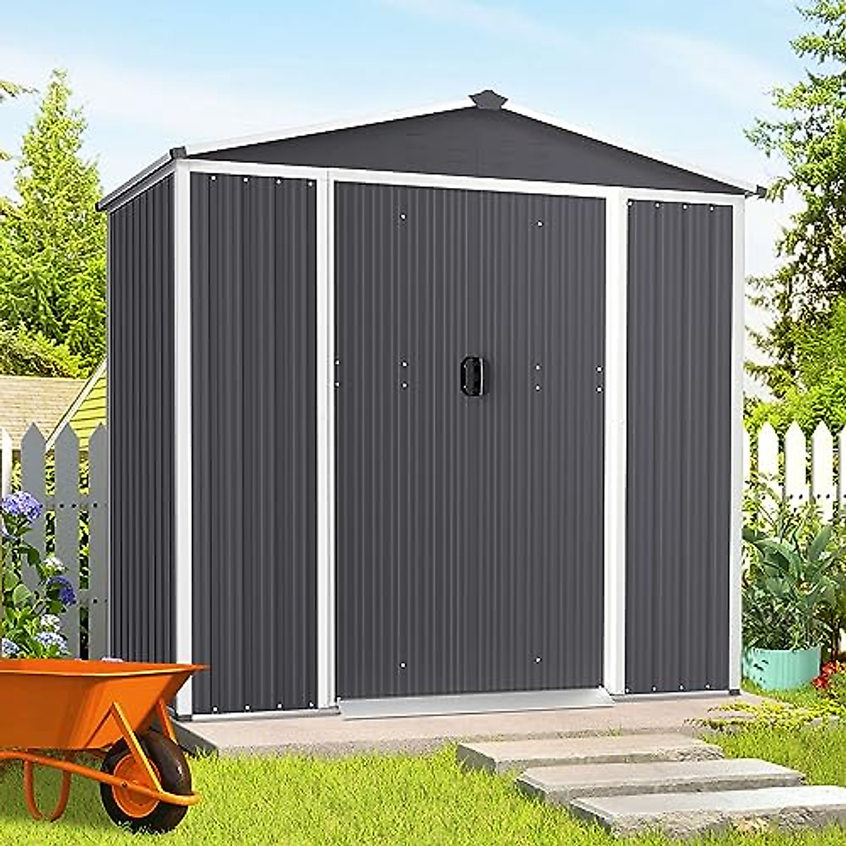 SUNCROWN Outdoor Backyard Garden Storage Shed 4X6 FT Yard Storage Tool with Sliding Door for Lawn Equipment Garden Backyard - Grey