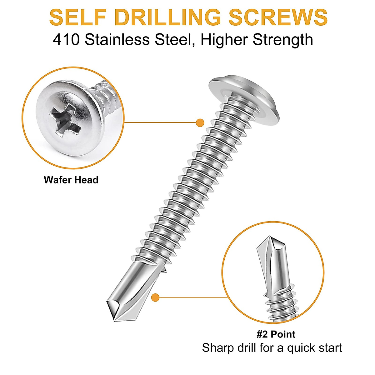 VIGRUE 185Pcs #8 Truss Head Self Tapping Screws, 410 Stainless Steel Low Profile Self Drilling Tek Screw Assortment Kit, Length 1/2'' to 1-1/2''