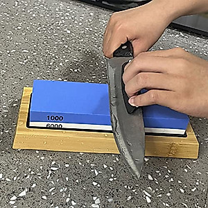ZJNUO Whetstone Sharpening Stone Kit Dual Sided 1000/6000 Grit Professional Whetstone Knife Sharpener Stone Wet Stone Set Nonslip Rubber&Bamboo Base Angle Guide,and Fix Stone Blue/White