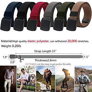 LionVII Men's Elastic Stretch Belts, Breathable Canvas Web Belt with Plastic Buckle for Work Outdoors, Easy Trim to Fit 27-46" Waist (Black)