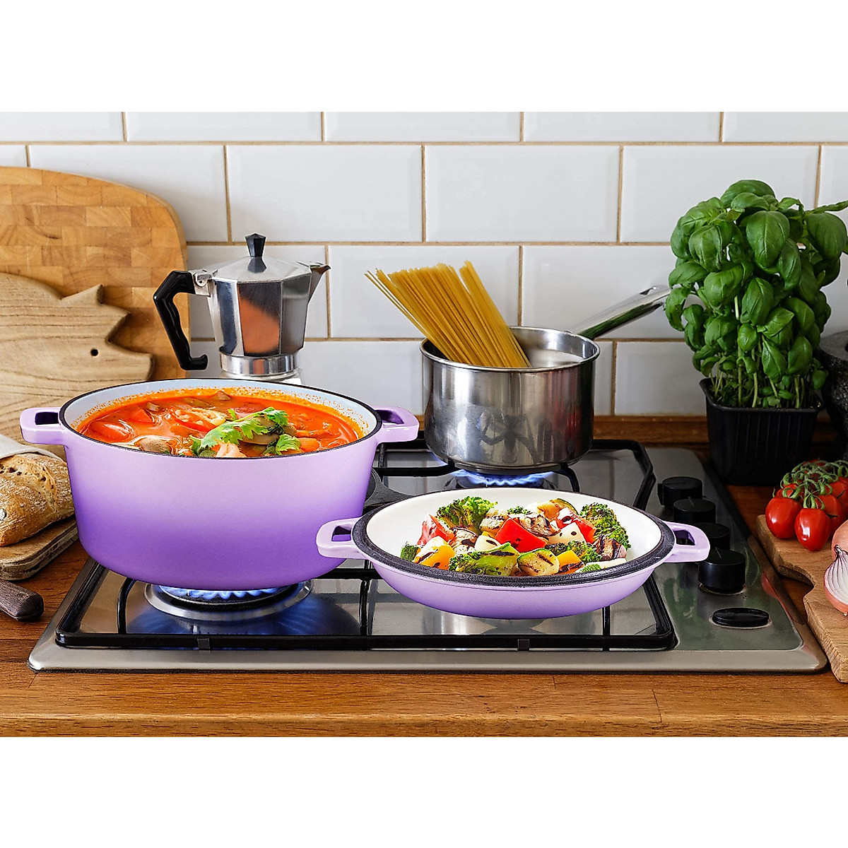 Bruntmor 2-in-1 Enamel Cast Iron Dutch Oven With Handles - Crock Pot Purple Cast Iron pot with Skillet lid - All-in-One Cookware Braising Pan for Casserole Dish - 5 Quart, Purple