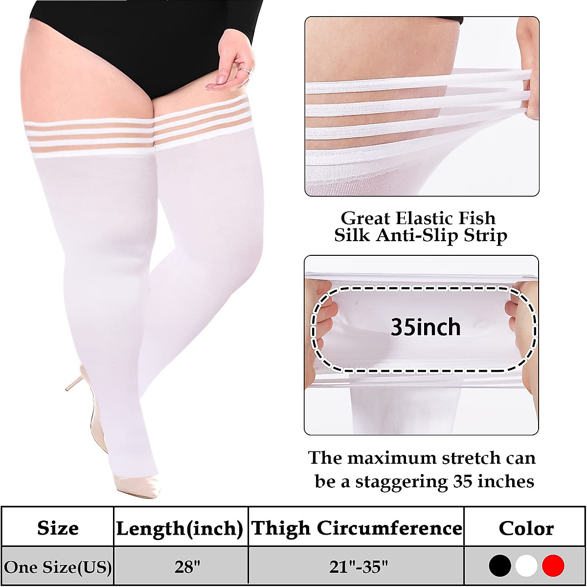 LOUSGUTA Plus Size Thigh High Stockings Womens Silicone Top Stay Up Lingerie Thigh Highs Pantyhose 55D Semi Sheer Stockings