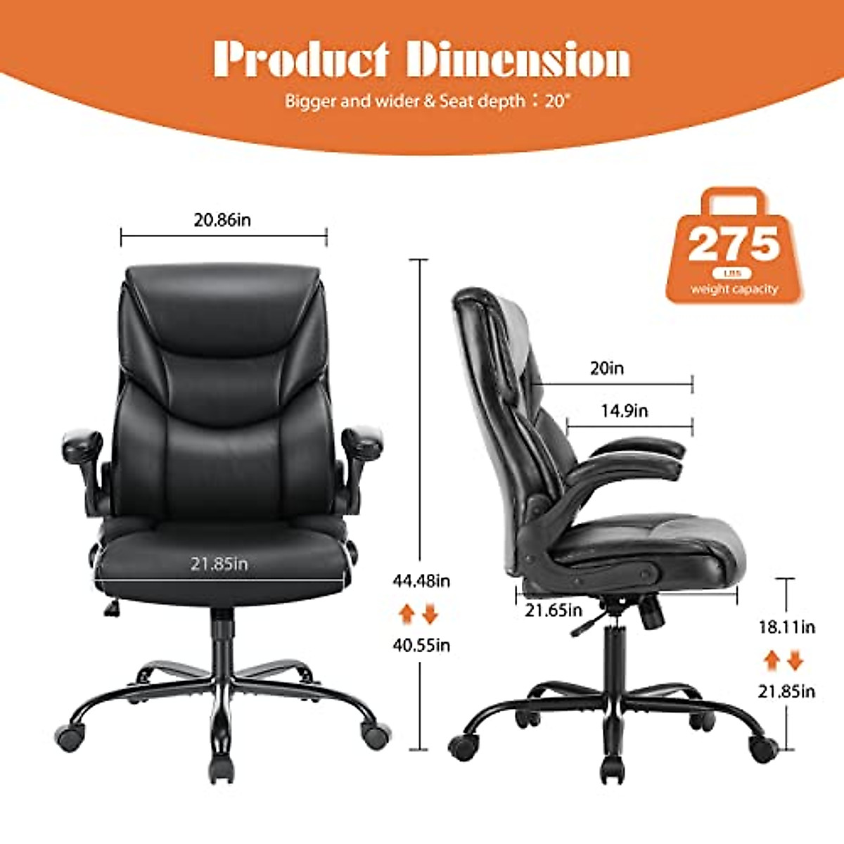 Office Chair - Ergonomic High Back Desk Chairs, Heavy Duty Task Chair with Flip-up Arms, PU Leather, Adjustable Swivel Rolling Chair with Wheels, Black