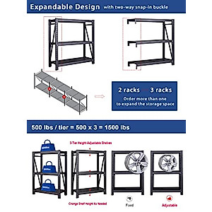 BIBKOK 3-Tier Industrial Shelving Rack, Heavy Duty Workshop Storage Rack, Adjustable Metal Garage Shelf,1500lbs Capacity for Warehouse Basement Storeroom Supermarket