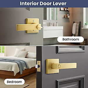 EHOMEWARE 6 Pack Gold Door Knobs Interior Brass Door Handles in Satin Brass Finish, Privacy Function for Bedroom Bathroom, Heavy Duty Gold Door Handles Levers with Modern Design