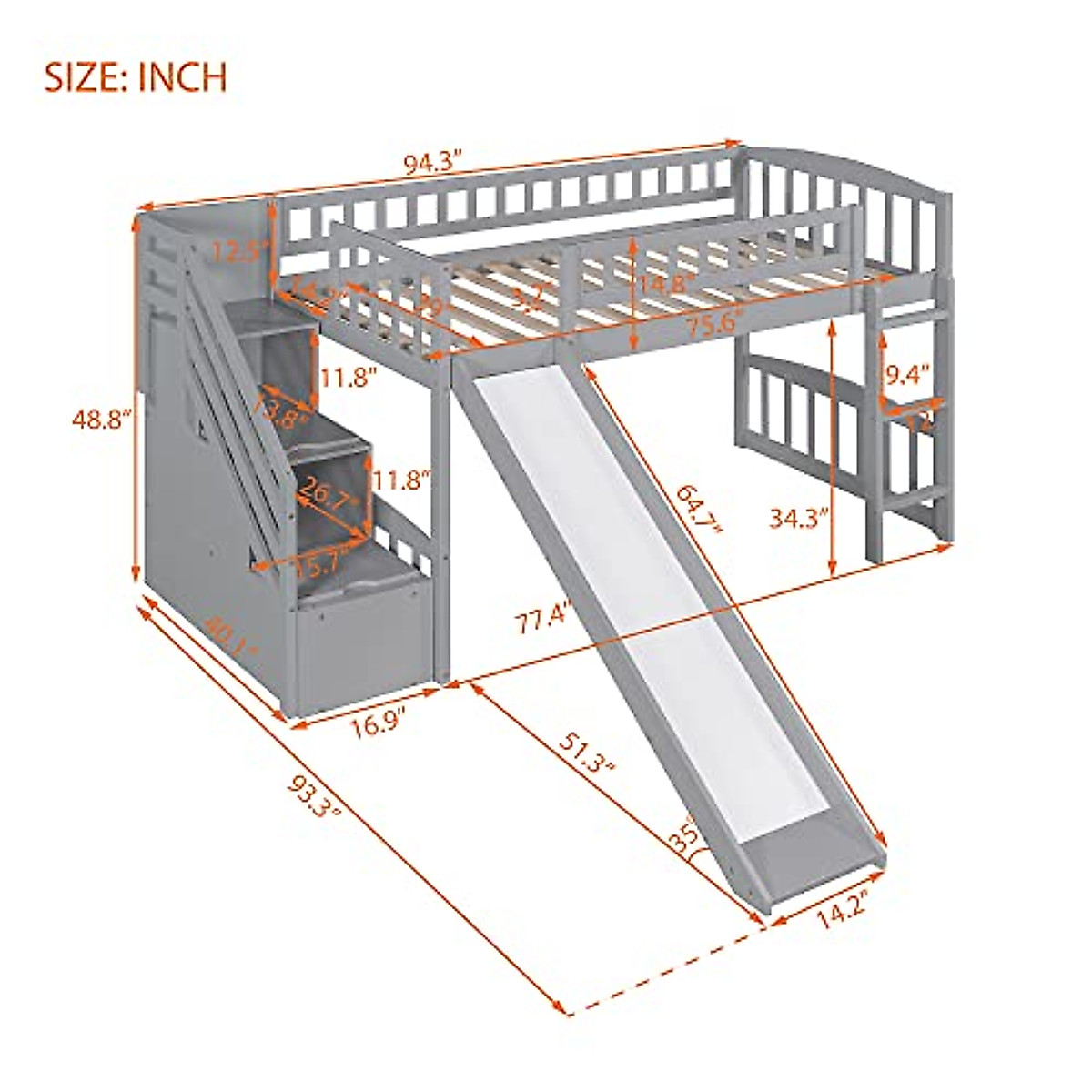 HABUHOME Twin Size Low Loft Bed with Convertible Slide, Stairs with Two Drawers, Stairway Loftbed Frame, for Kids Boys Girls, Gray