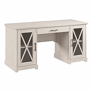 Bush Furniture Lennox Farmhouse Desk with Storage and Keyboard Tray | Computer Table for Home Office Workspace, 60W, Linen White Oak