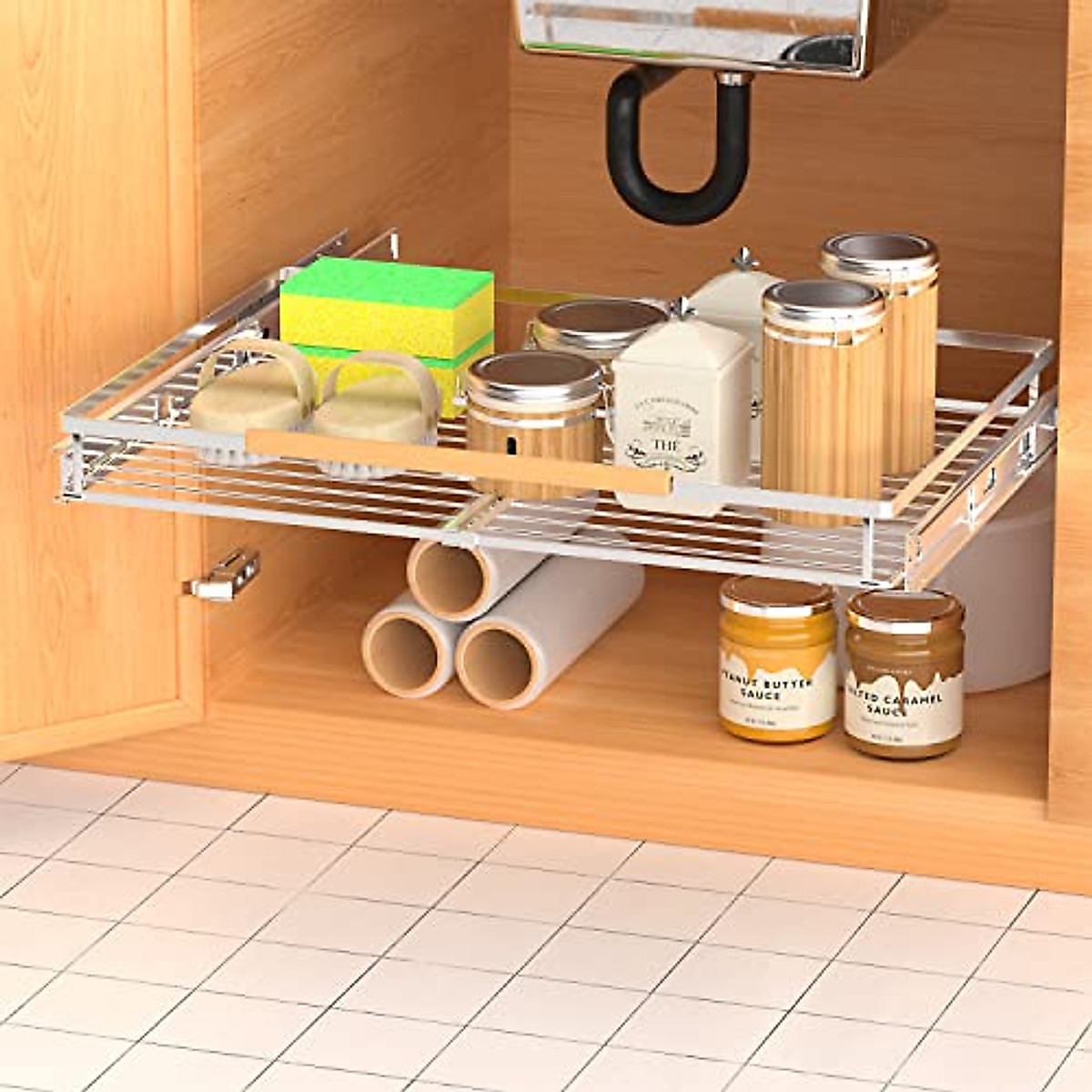 Redrubbit 2 Pack Expandable Pull Out Drawers Cabinet Shelf Organizer, Heavy Steel Metal Wire Slide Out Kitchen Pantry Organizer Storage Shelf, Adjustable Width 16.3~26.3"x17.3" D