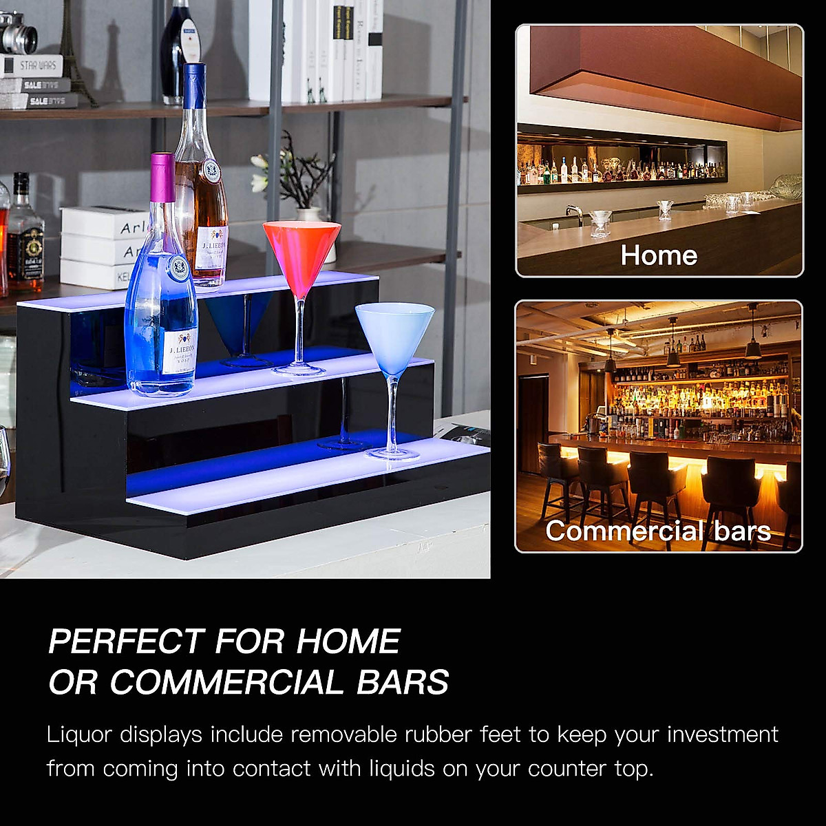 Nurxiovo Liquor Bottle Display Shelf 24 in 3 Step LED Lighted Bar Shelf for Home Commercial Bar, with RF Remote Control Multiple Colors