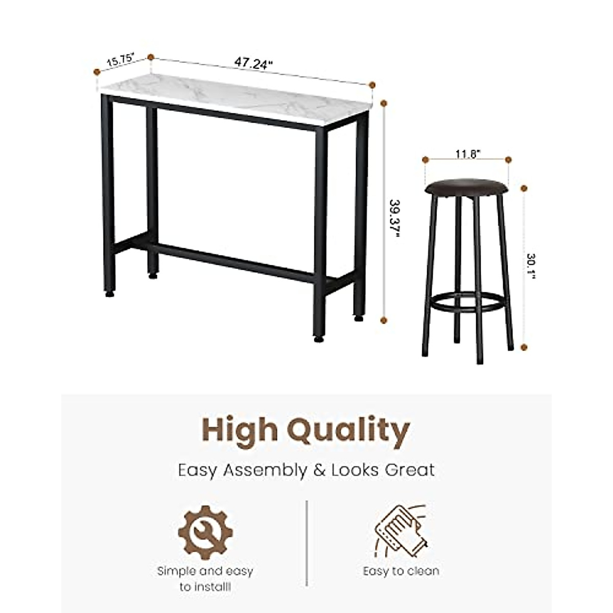 Recaceik Dining Table Set, 47.2” Rectangle Pub Dining Set Kitchen Table Set Bar Table with Stools, 3-Piece Breakfast Table Set with Metal Frame for Kitchen Dining Room w/ 2 Chairs - White