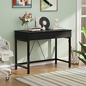 CAIYUN 40Inch Small Computer Desk with Drawers, Home Office Desks with Storage, Simple Modern Kids Desk, Vanity Desk for Bedroom, Work Study Writing Desk Table for Small Spaces (Black, Wooden)