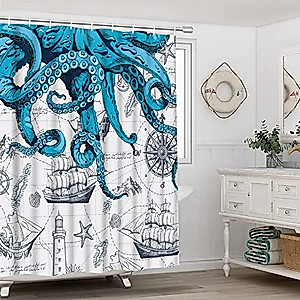 4 Pcs Octopus Shower Curtain Set, Nautical Bathroom Sets with Shower Curtain and Rugs, Blue Beach Ocean Kraken Pirate Shower Curtain Set with Non-Slip Rug, Toilet Lid Cover, Bath Mat and Hooks