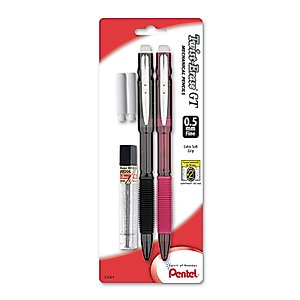 Pentel Twist-Erase GT (0.5mm) Mechanical Pencil, Lead, 2 Erasers, Assorted Barrel Colors, Color May Vary, Pack of 2 (QE205LEBP2M)