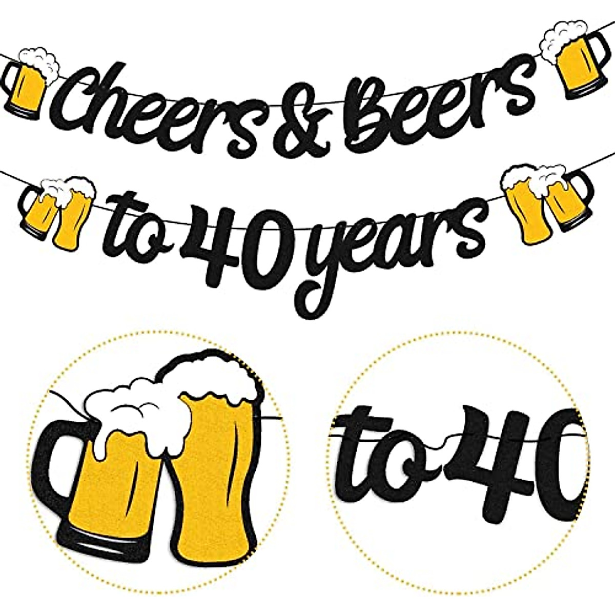 Cheers and Beers to 40th Years Banner 40th Birthday Decorations for Men Women 40s Birthday Backdrop Wedding Anniversary Party Supplies Black Glitter Decorations Pre-Strung