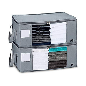 Wardrobe Clothes Organizer - Clothes Storage Bag - Thick Fabric & Reinforced Handles for Comforters, Blankets, Bedding, Foldable with Sturdy Zipper, Clear Window with White Card Tag, 2 Pack, Grey