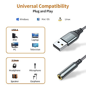 USB to 3.5mm Audio Jack Adapter, External Sound Card Converter Compatible with Headset, PC, Laptop, Mac, Desktops, Linux, PS4 and More Devices (Grey)