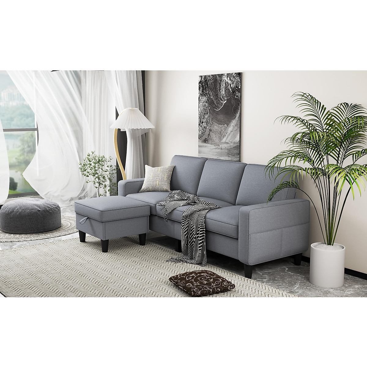 ZeeFu Convertible Sectional Sofa Couch: 78'' Light Gray 3 Seat L-Shaped Sofa Couches with Storage Ottoman - Modern Linen Fabric Upholstered Furniture Sofa for Living Room Office Small Space Apartment