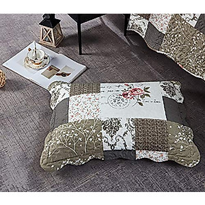 Brilliant Sunshine Roses and Toile Quilt Set, 2-Piece Bedding Sets with 1 Sham, Patchwork Design, Washable and Reversible Bedspread, Soft Lightweight Coverlet, All-Season, Twin/Twin XL, Rose Grey