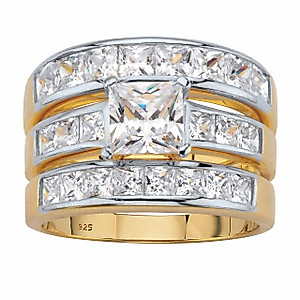 PalmBeach Yellow Gold-Plated or Platinum-Plated Sterling Silver Princess Cut Cubic Zirconia 3 Piece Bridal Ring Set Size 9