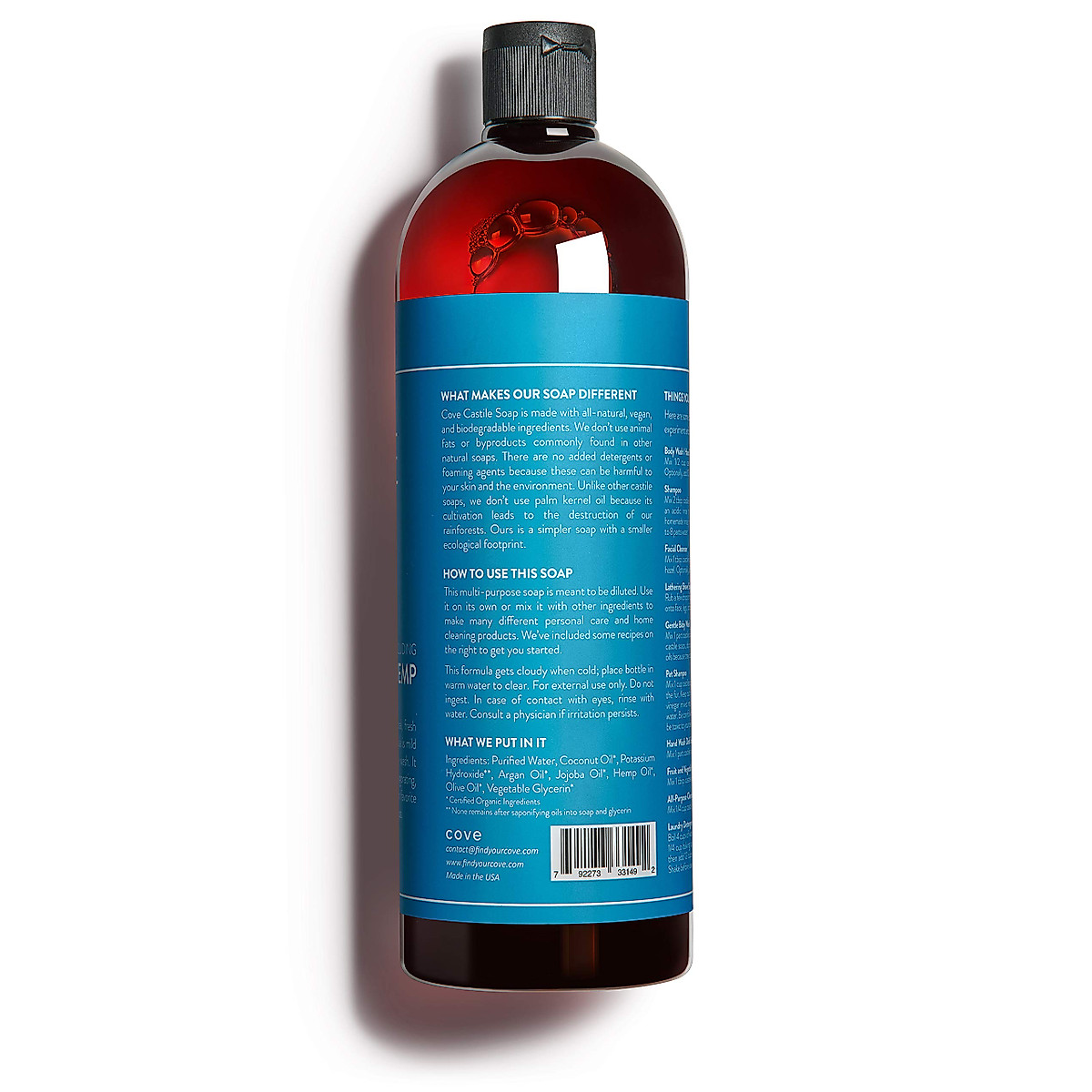 Cove Castile Soap Unscented - 1 Liter / 33.8 fl oz - Organic Argan, Jojoba, and Hemp Oils