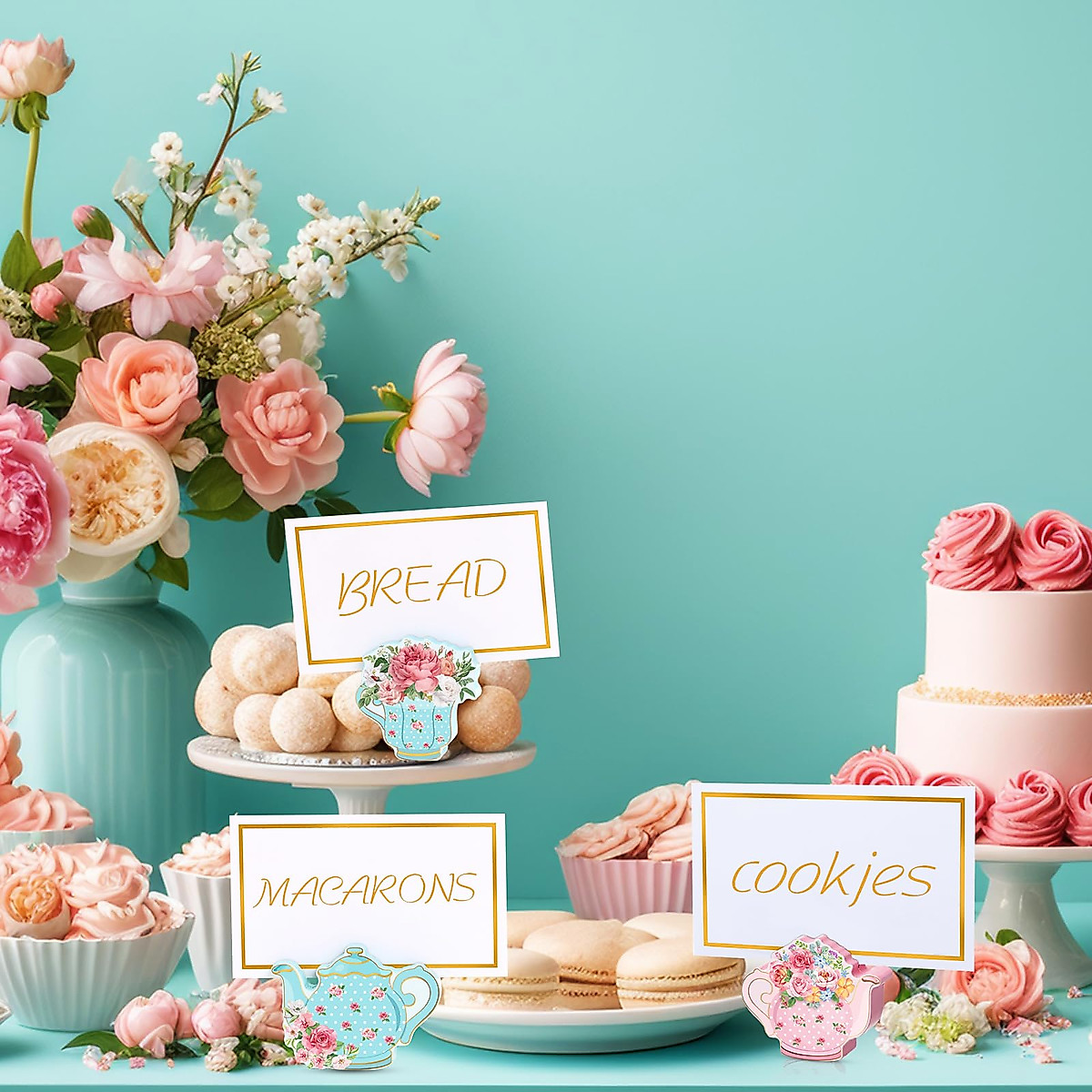 Kigley 18 Pcs Teapot Wooden Place Card Holder with 25 Pcs Gold Foil Card Tea Floral Party Wooden Table Sign Teapot Picture Number Sign Stands Holder for Wonderland Tea Party Baby Shower (Stylish)