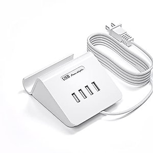 VHBW USB Charging Station 25W, 4 Port USB Charging Station for Multiple Devices, Multi USB Charger Station with Phone Stand (UL Listed, 5Ft Extension Cord, White)