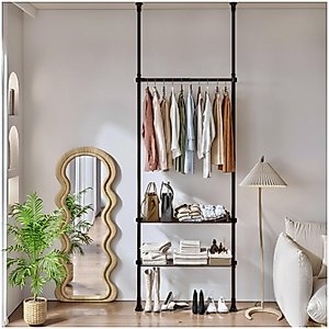 DYN Ptah Floor to Ceiling Adjustble Garment Rack, Heavy Duty Clothes Rack with 2 Shelves, Free Standing Clothing Hanger Tension Rod Cloth Storage Rack Black
