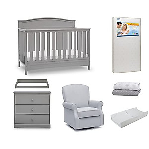 Delta Children Emery Crib 7-Piece Baby Nursery Furniture Set–Includes: Convertible Crib, Glider, Dresser, Changing Top, Crib Mattress, Sheets, & Changing Pad, Grey