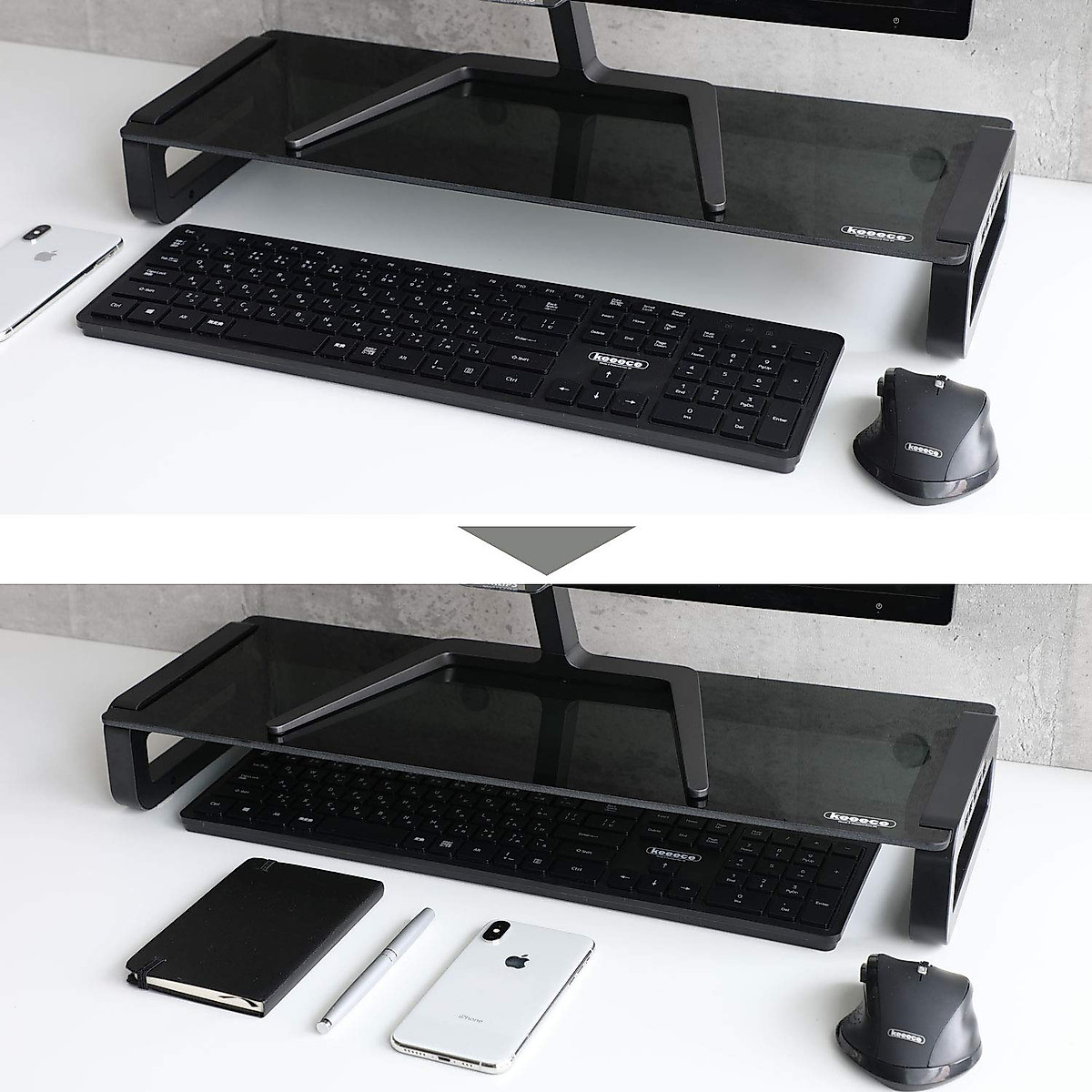 Keeece 3R Systems USB Hub, Equipped Desk Board, USB 3.0, 4 Ports, Width 23.6 inches (60 cm), Tempered Glass, Anti-Slip, Desktop Rack, Black Approx. 22.9 x 8.3 x 3.2 inches (55.7 x 21 x 8.2 cm)