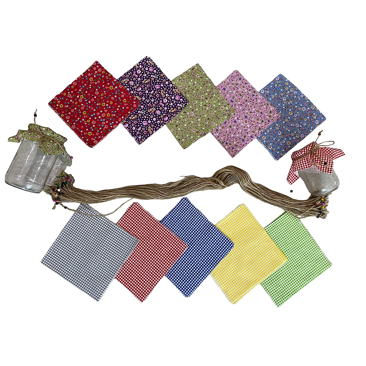 50 Pieces% 100 Cotton Flowered and Checkered Mix Pattern Fabric Jar Cover Cloth- 6.7'' Jar Cover Cloth With 50 Pieces Beaded Jute Rope